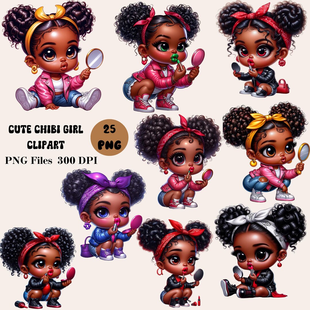 25 Cute Chibi Girl Clipart, Black Chibi Girl Clipart, Afro American ...