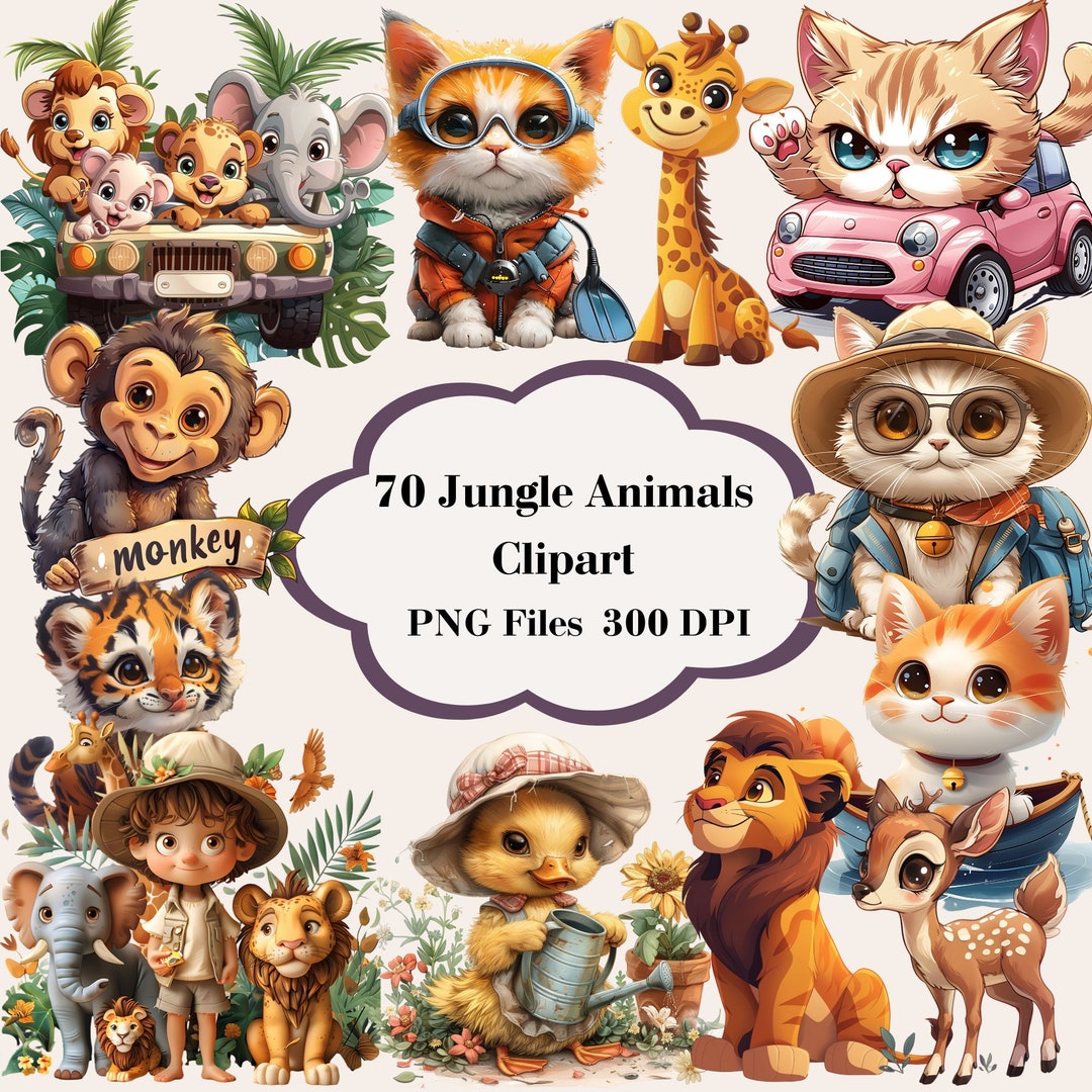 70 Jungle Animals Clipart, Cute Jungle Animals PNG, Baby Safari Animals ...
