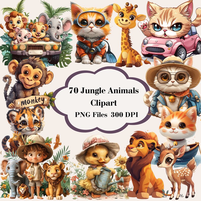 70 Jungle Animals Clipart, Cute Jungle Animals PNG, Baby Safari Animals ...