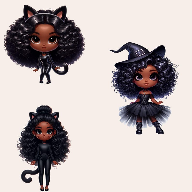 16 Halloween Chibi Girl Clipart, Afro American Chibi Girl PNG, Chibi ...