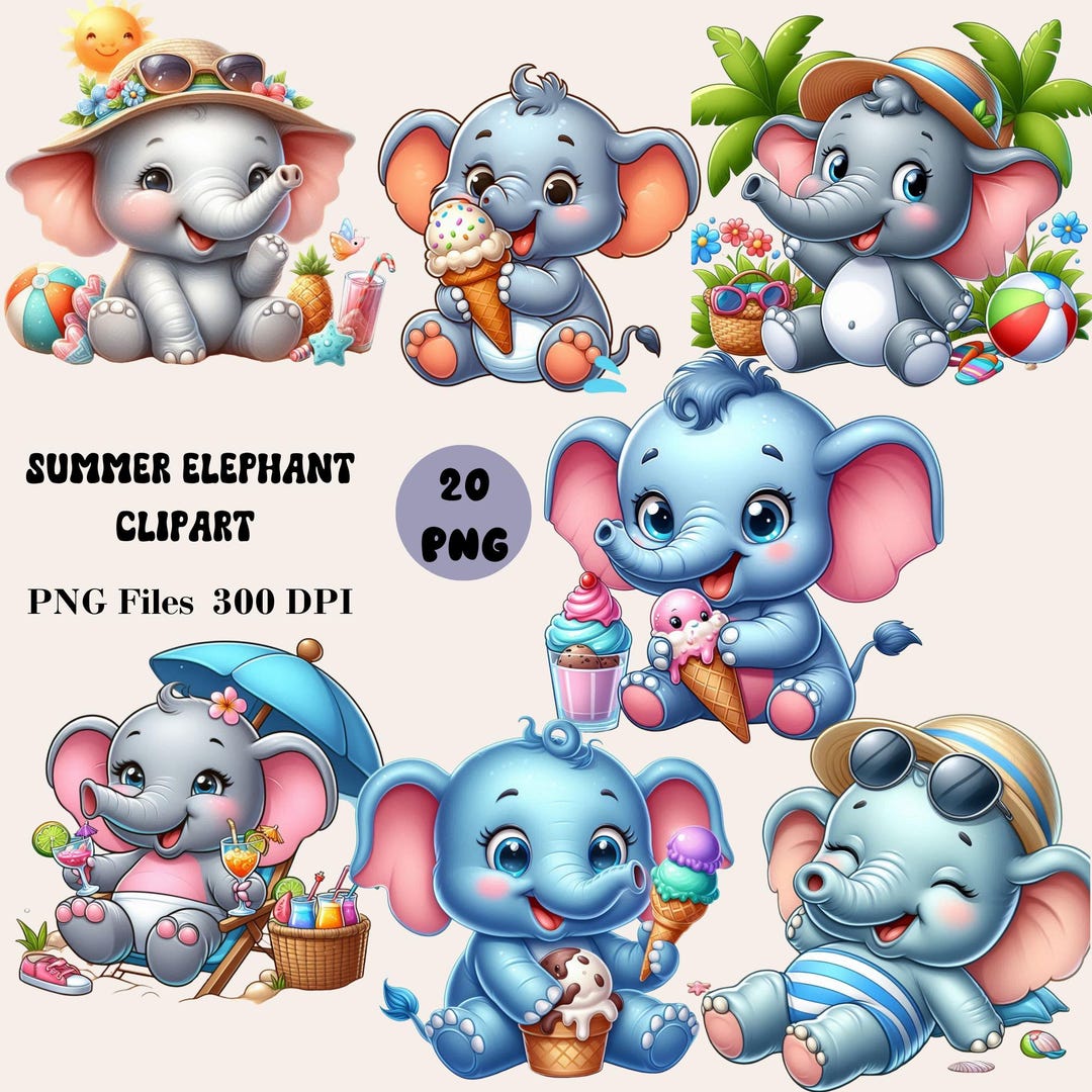 20 Summer Elephant Clipart Bundle, Baby Elephant PNG, Cartoon Elephant ...