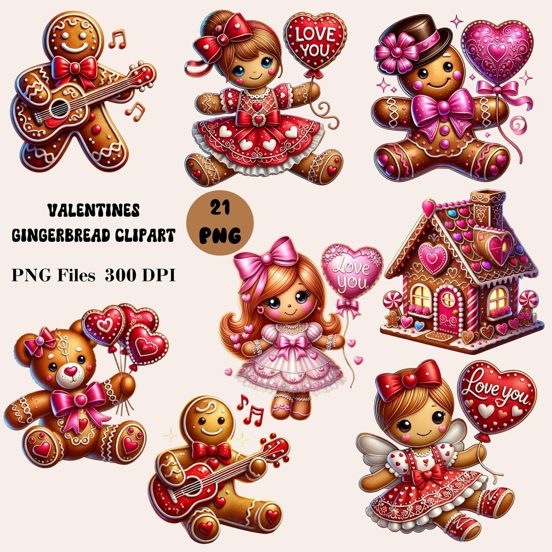 21 Valentines Gingerbread Clipart, Gingerbread Valentine PNG, Sweet ...