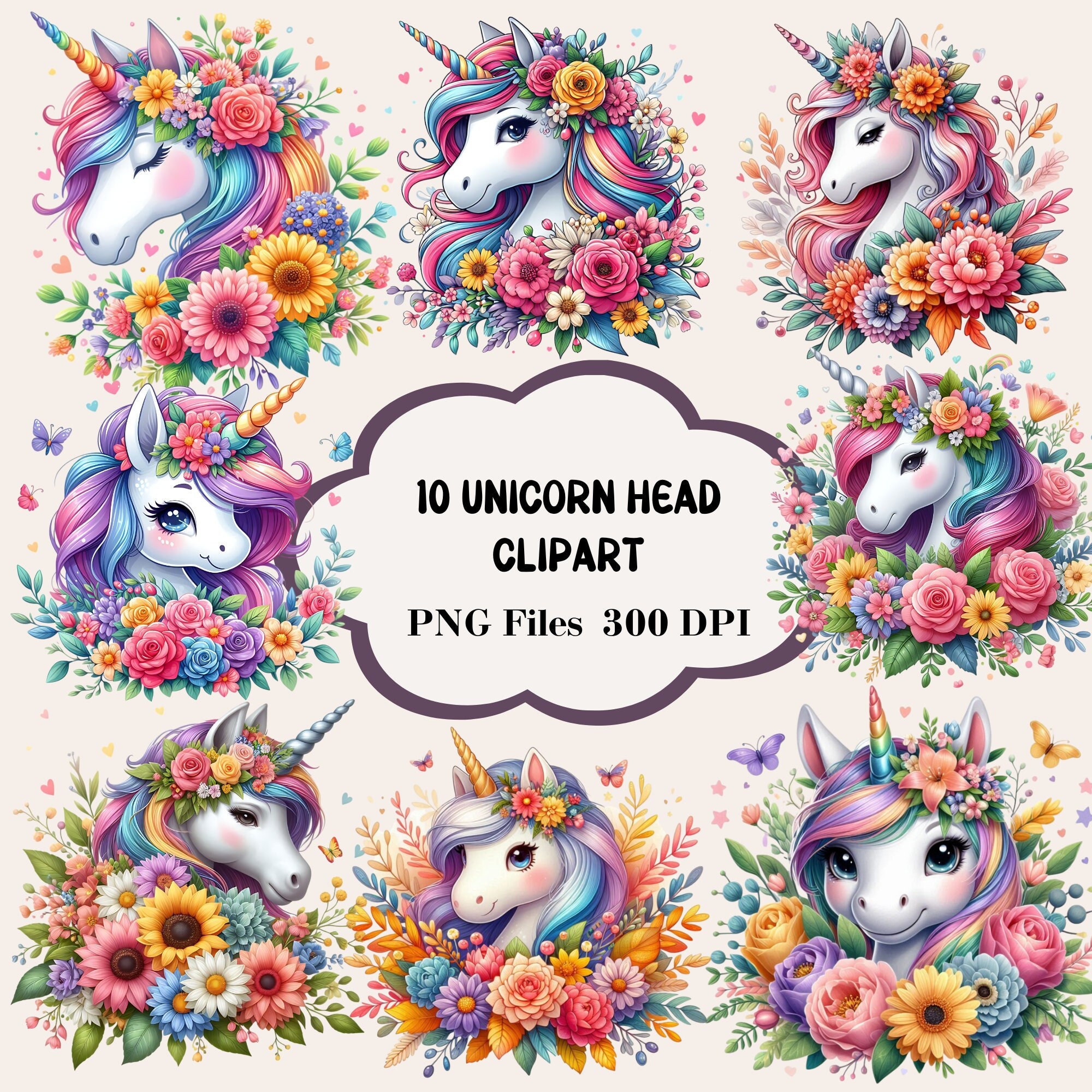 10 Unicorn Head Clipart Bundle, Unicorn With Flowers PNG, Baby Unicorn ...