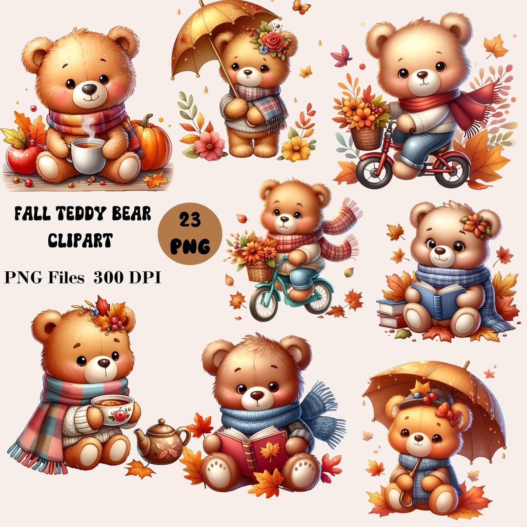 23 Fall Teddy Bear Clipart Bundle, Cute Teddy Bear PNG, Autumn Teddy ...