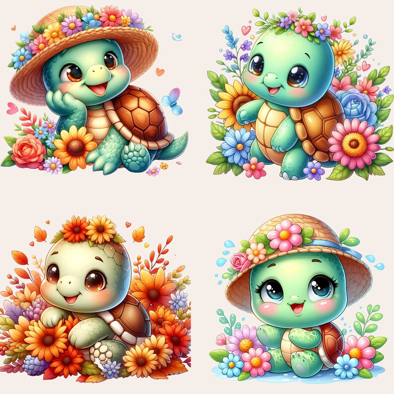 27 Baby Turtle With Flowers Clipart, Floral Baby Turtle Clipart, Cute ...