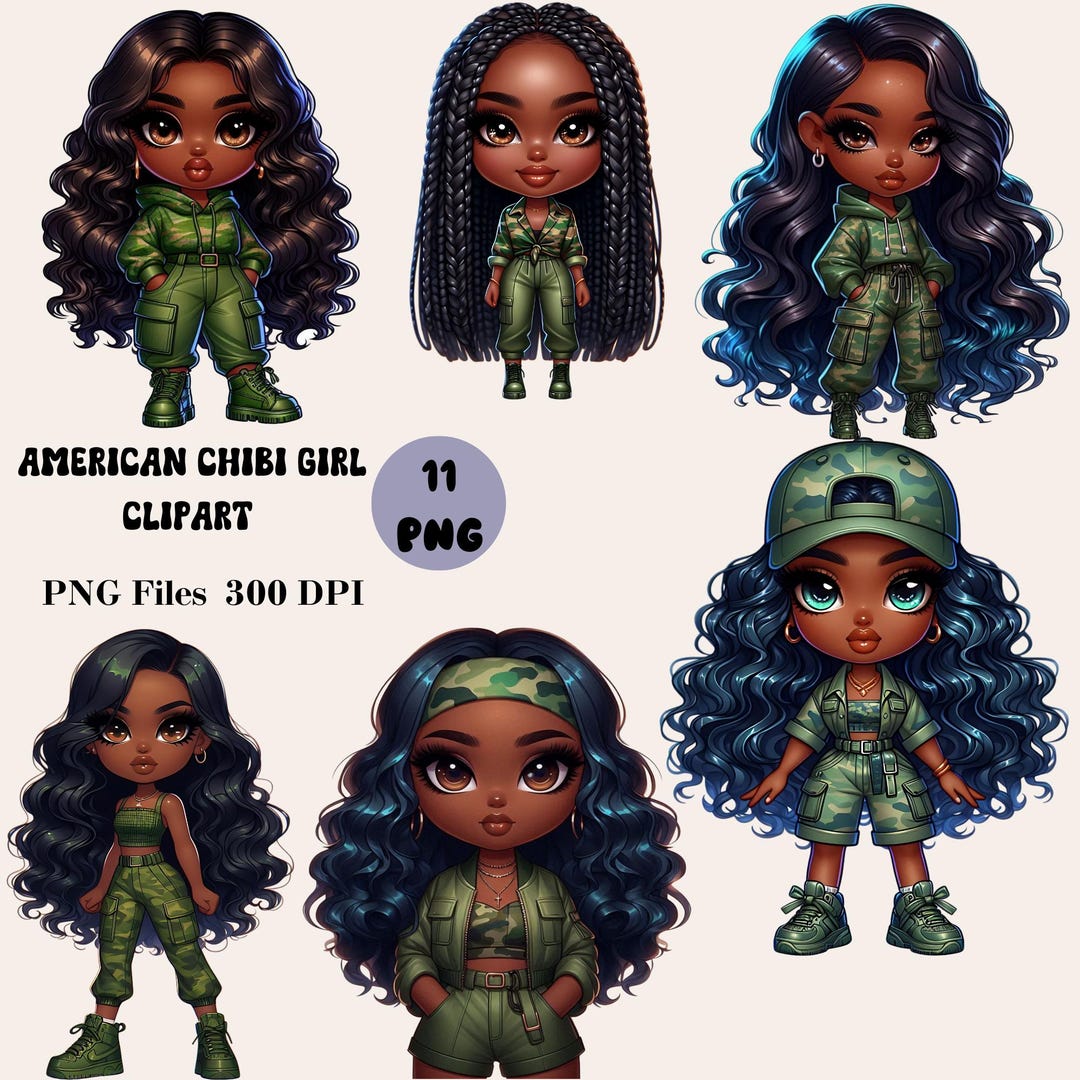 11 American Chibi Girl Clipart, Chibi Young Woman PNG, African American ...