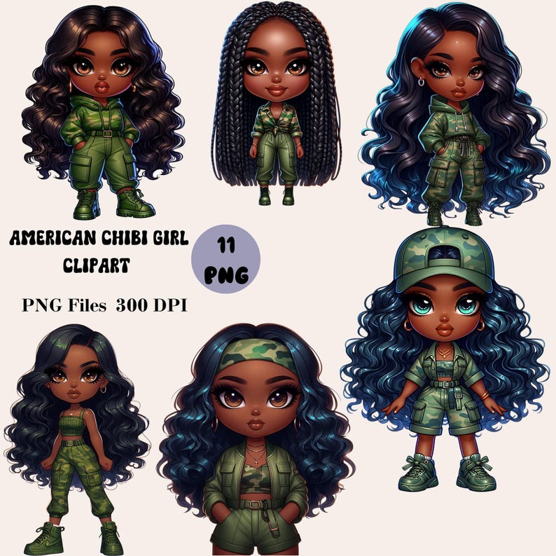 11 American Chibi Girl Clipart, Chibi Young Woman PNG, African American ...