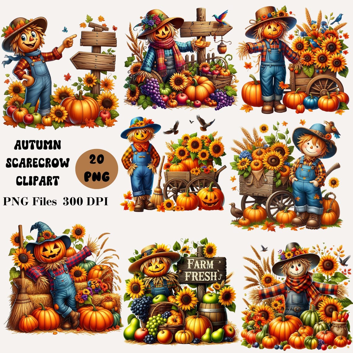 20 Autumn Scarecrow Clipart, Fall Scarecrow PNG Bundle, Charming ...