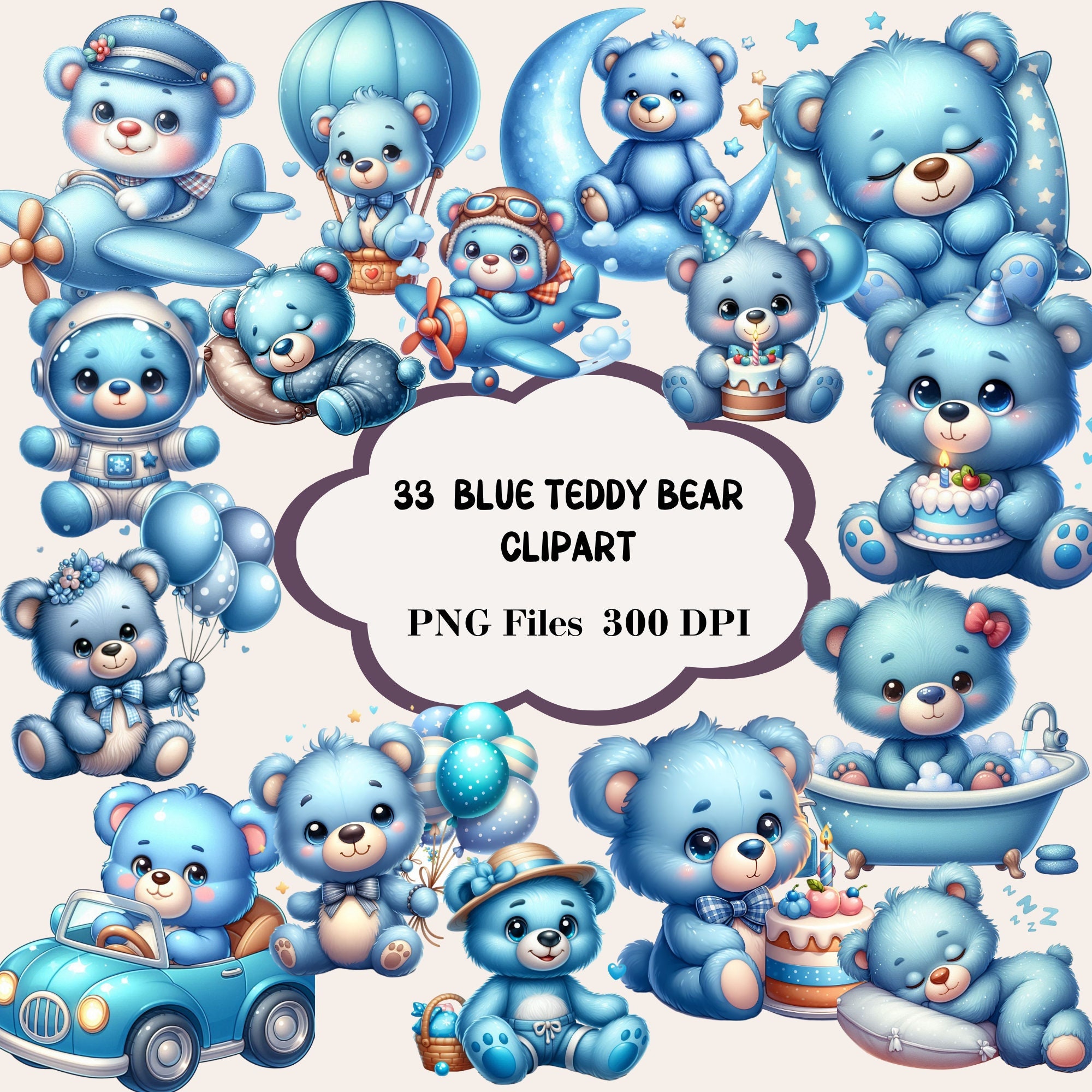 33 Blue Teddy Bear Clipart, Sleeping Teddy Clipart Bundle, Hot Air ...