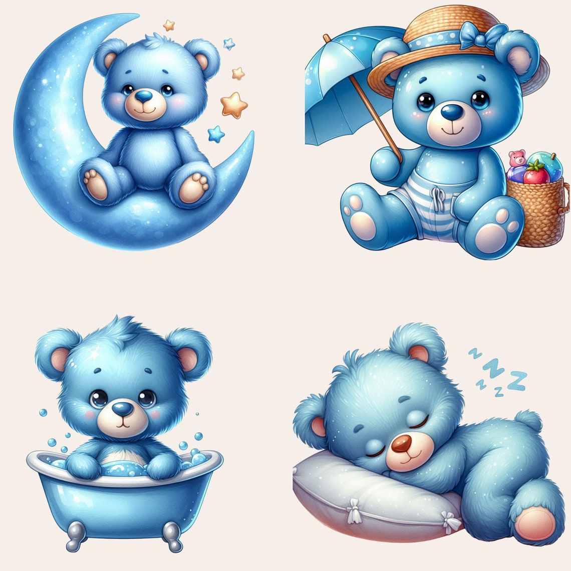 33 Blue Teddy Bear Clipart, Sleeping Teddy Clipart Bundle, Hot Air ...