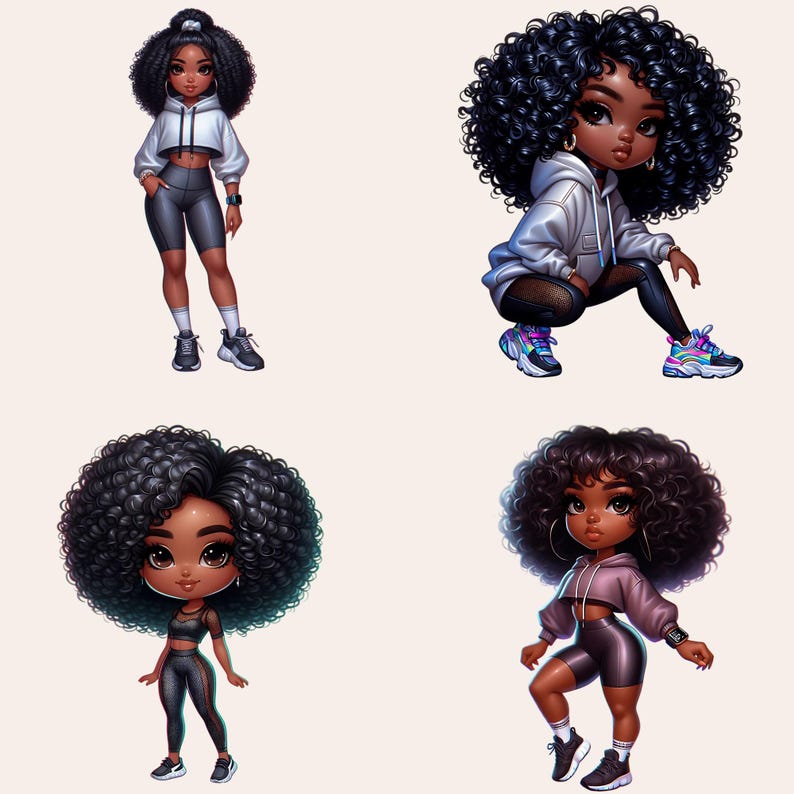25 Sporty Chibi Girl Clipart, Black Chibi Girl Clipart, Afro American ...