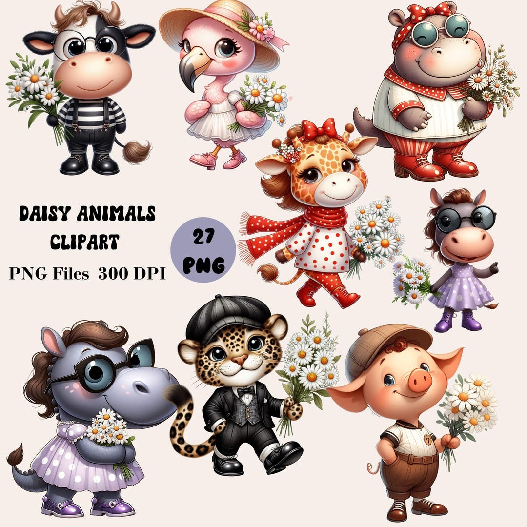27 Daisy Animals Clipart, Animals Holding a Daisy Clipart, Cute Animals ...