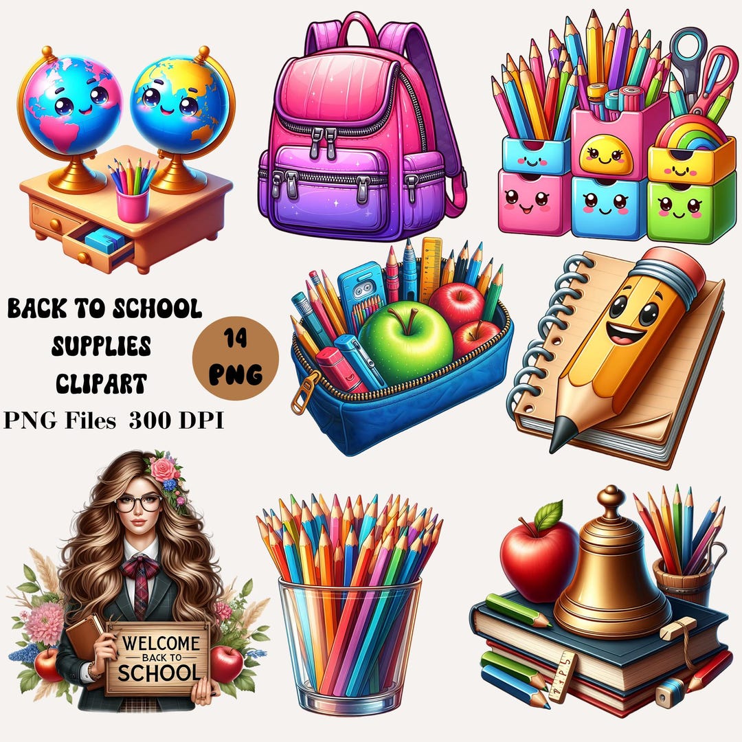 14 Back to School Supplies Clipart, School Supplies PNG Bundle, School ...