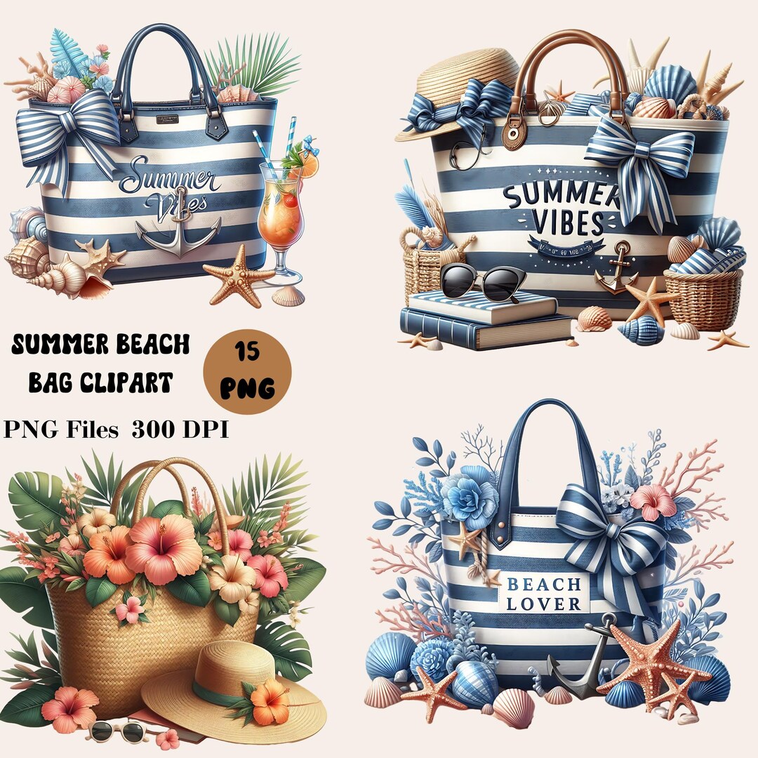 15 Summer Beach Bag Clipart, Holiday Bag Clipart, Beach Bag PNG Bundle ...