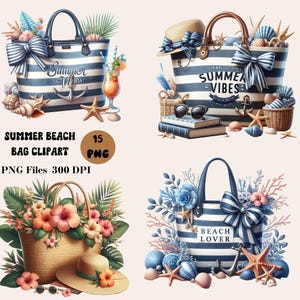 15 Summer Beach Bag Clipart, Holiday Bag Clipart, Beach Bag PNG Bundle ...