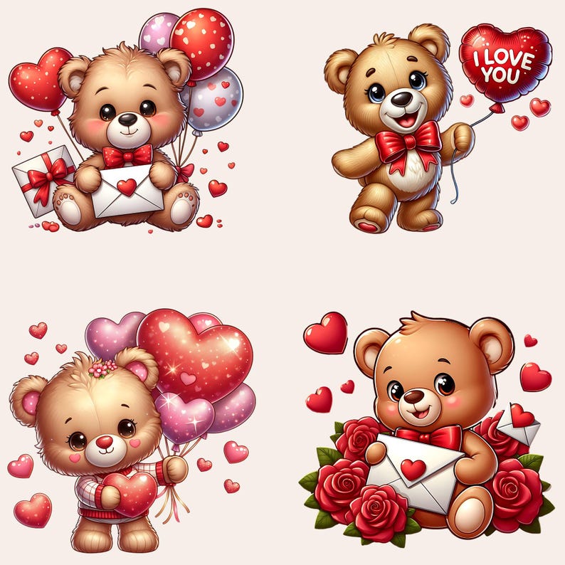 21 Valentines Teddy Bear Clipart, Valentine's Day Clipart, Love Bears ...