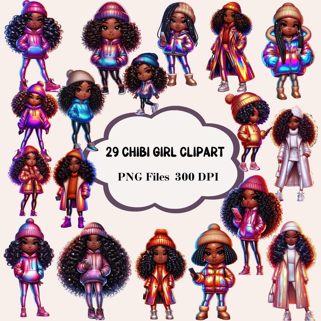 29 Vibrant Chibi Girls Clipart, Chibi Doll Clipart, Afro Girl Clipart ...