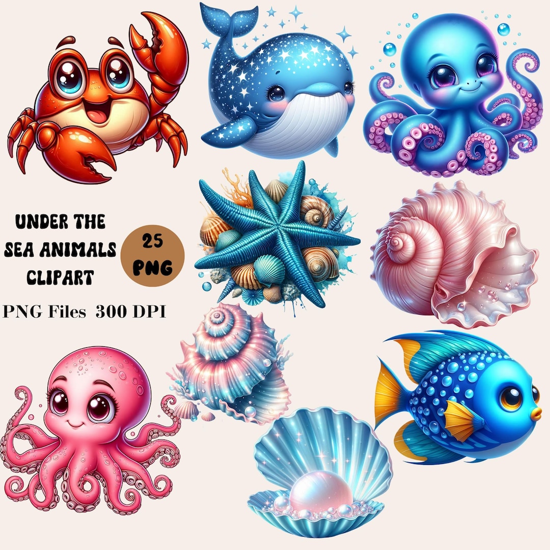 25 Under the Sea Animals Clipart, Cute Ocean Animals Clipart, Sea ...