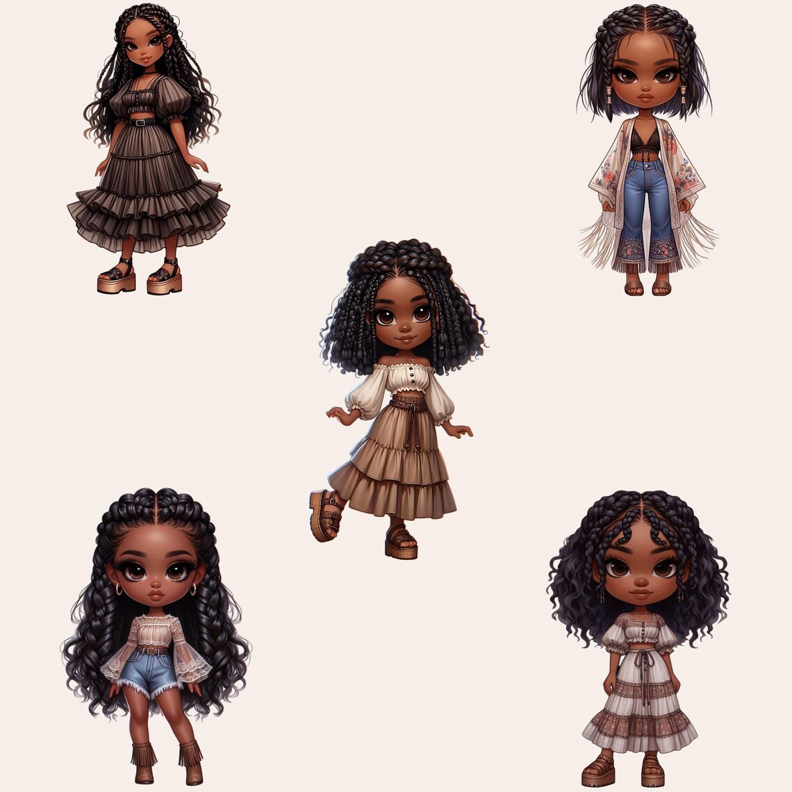 34 Boho Chibi Girl Clipart, Black Chibi Girl PNG, Afro Chibi Girl ...