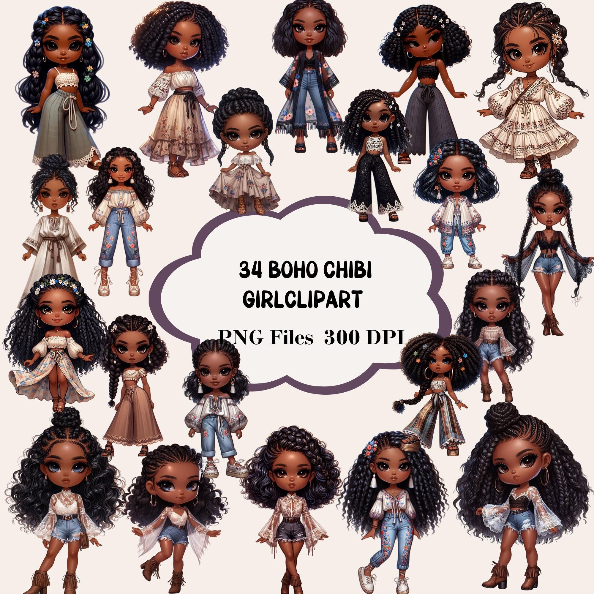 34 Boho Chibi Girl Clipart, Black Chibi Girl PNG, Afro Chibi Girl ...