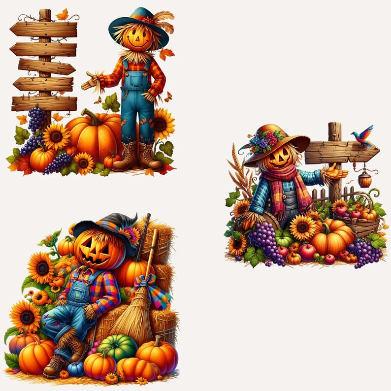 20 Autumn Scarecrow Clipart, Fall Scarecrow PNG Bundle, Charming ...