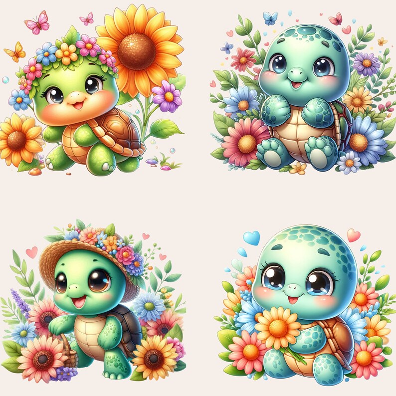 27 Baby Turtle With Flowers Clipart, Floral Baby Turtle Clipart, Cute ...