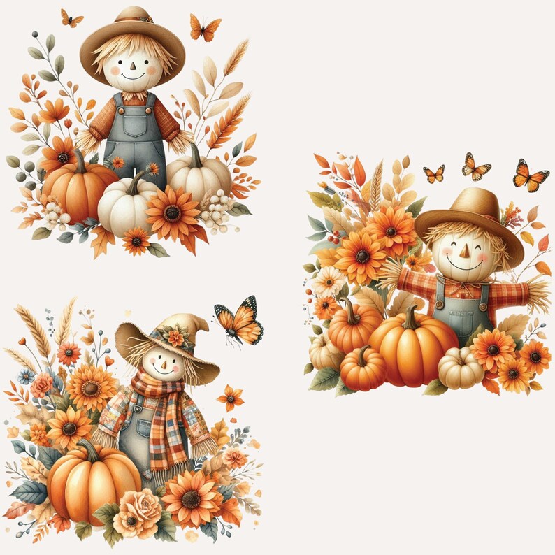 27 Autumn Scarecrow Clipart, Fall Scarecrow PNG Bundle, Charming ...