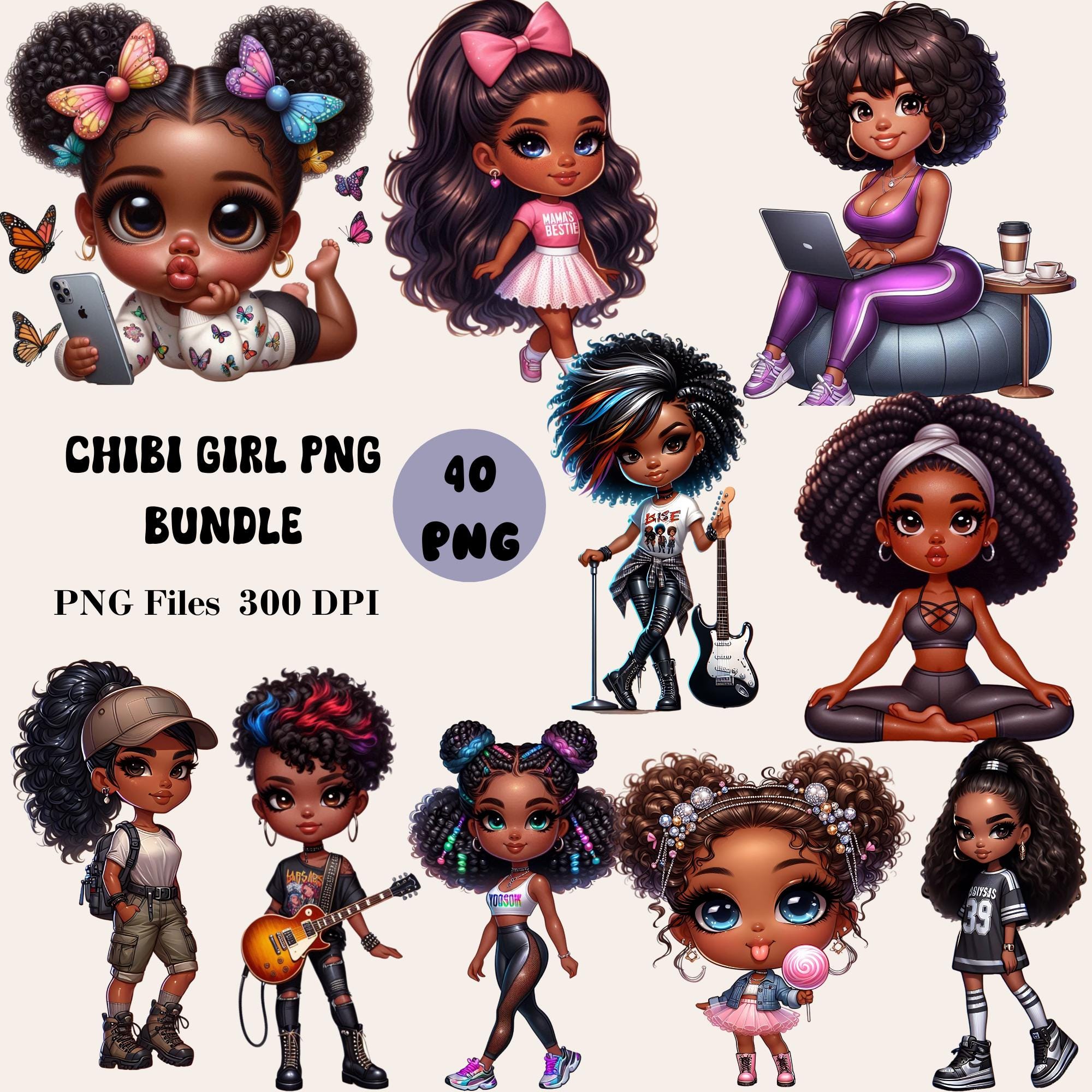 40 Chibi Girl PNG Bundle, Chibi Girl Clipart, Black Chibi Girl Clipart ...
