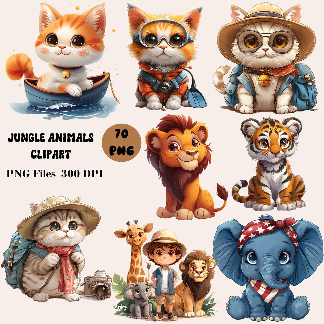 70 Jungle Animals Clipart, Cute Jungle Animals PNG, Baby Safari Animals ...