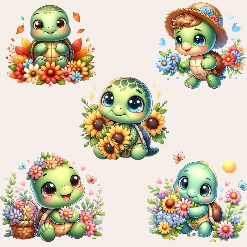 27 Baby Turtle With Flowers Clipart, Floral Baby Turtle Clipart, Cute ...
