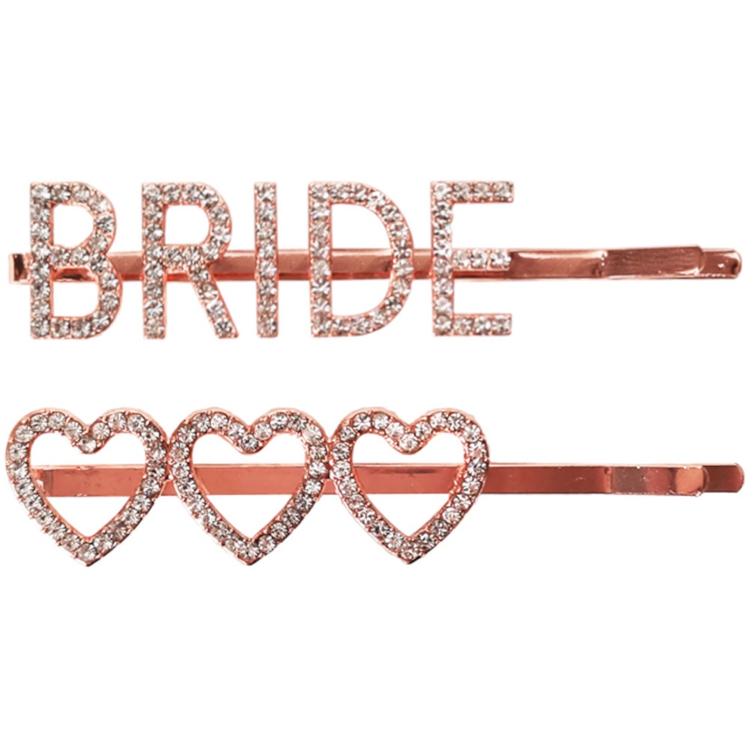 Bride and Hearts Diamante Hair Pins, Bride Hair Accessories, Rose Gold ...
