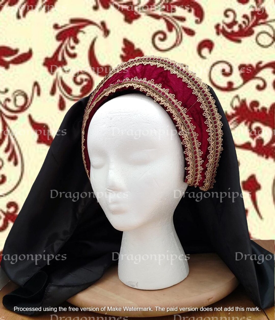 Renaissance French Hood in Burgundy and Gold, Renaissance Headpiece ...