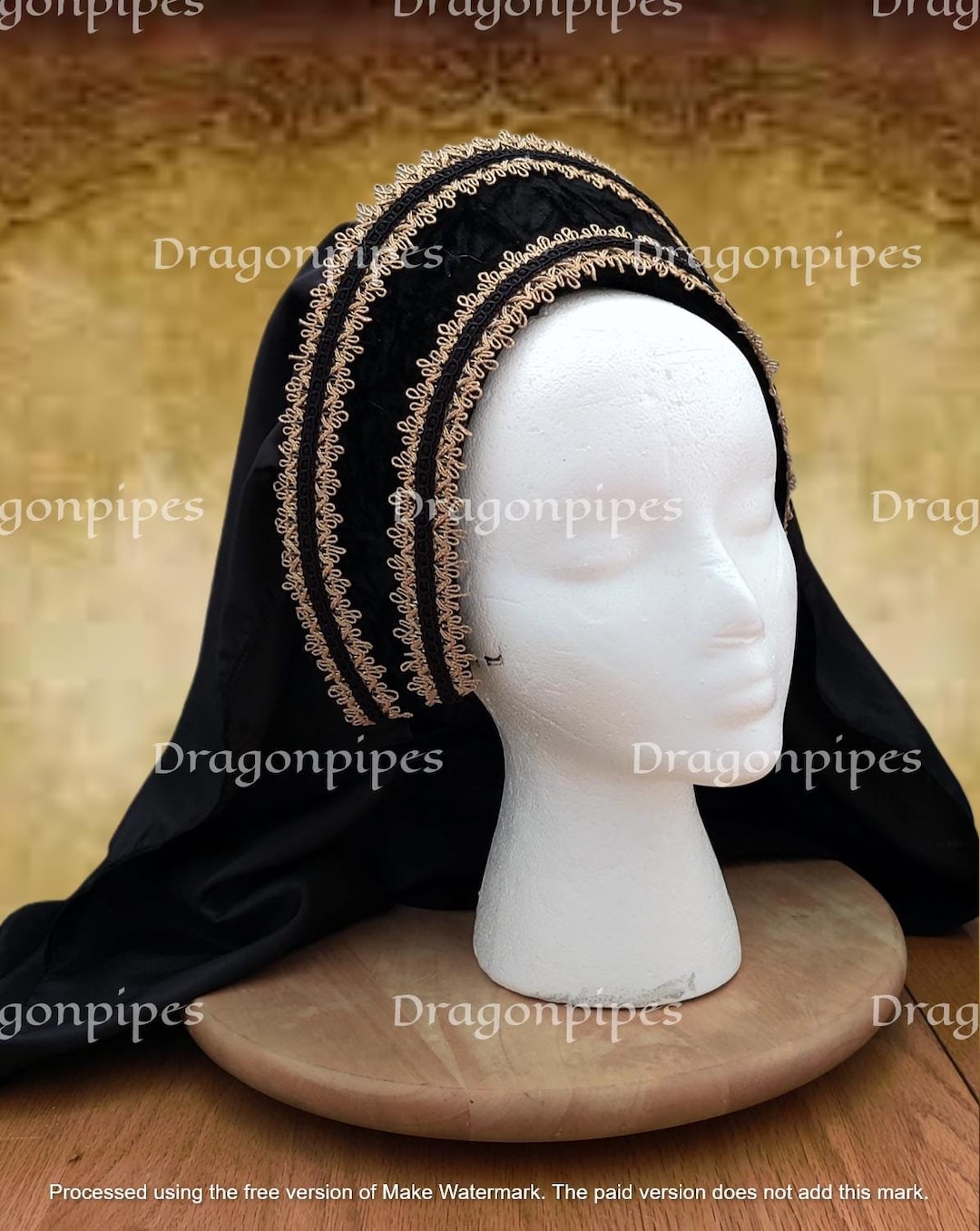 Renaissance French Hood in Black and Gold, Renaissance Headpiece, LARP ...