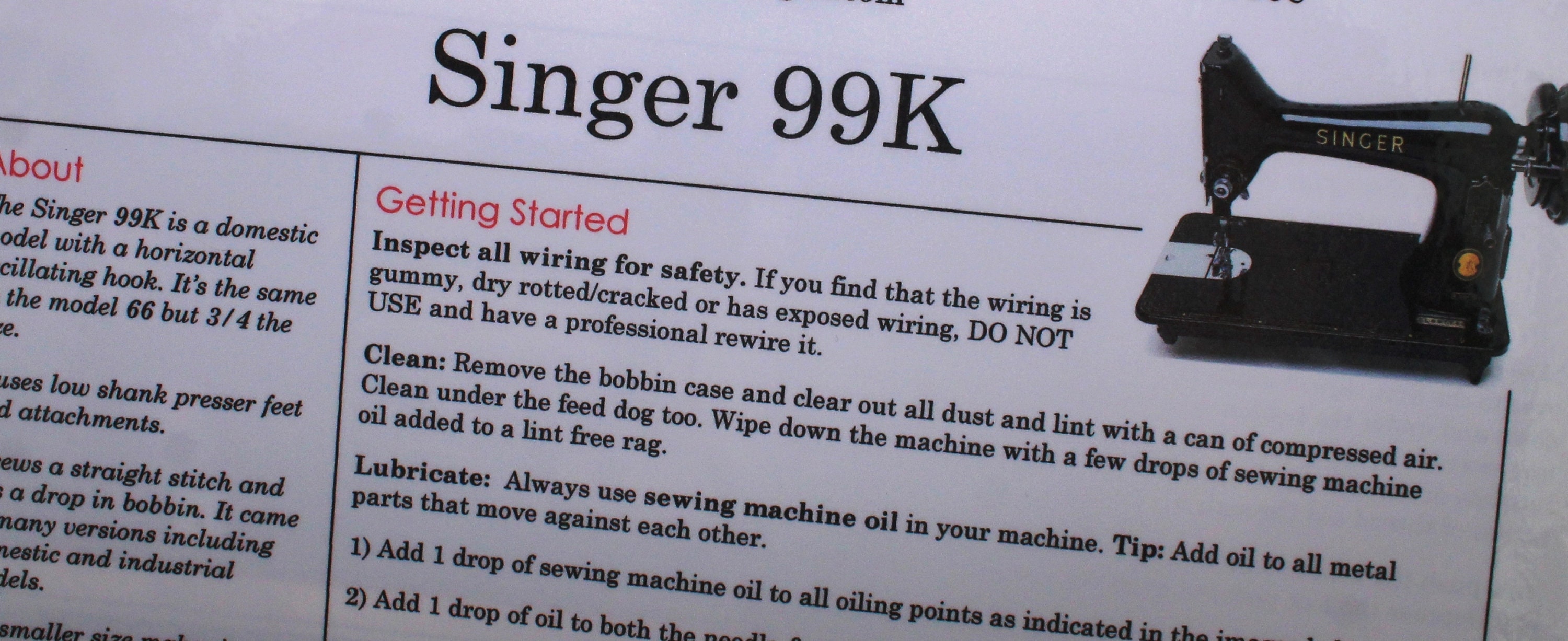 Singer 99K Sewing Machine Printable Cheat Sheet/reference Sheet ...