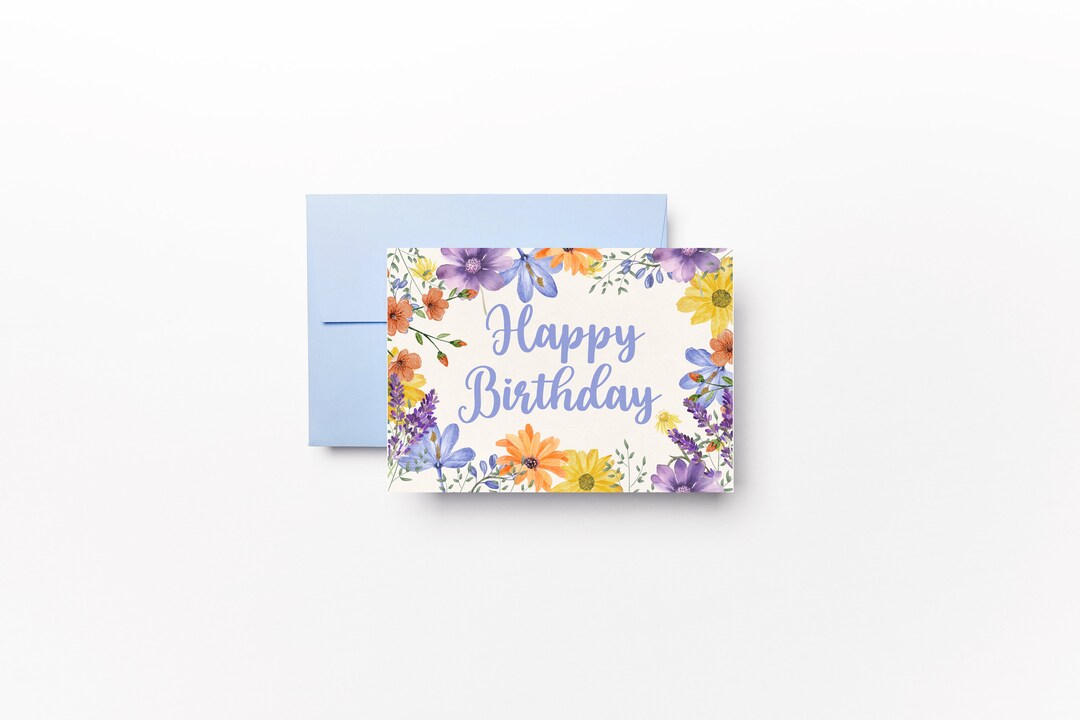 Printable Floral Blue Happy Birthday Card DIGITAL Download Beautiful ...