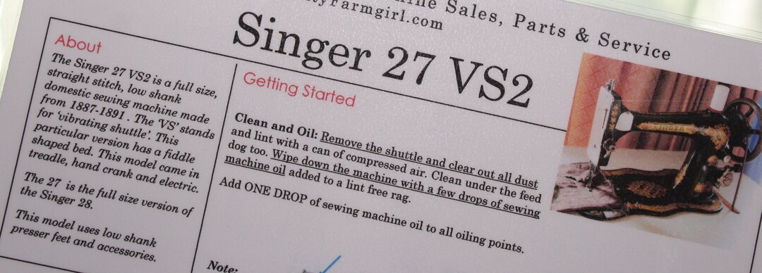 Singer 27 VS2 Sewing Machine Printable Cheat Sheet/reference - Etsy
