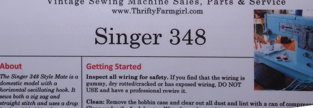 Singer 348 Sewing Machine Printable Cheat Sheet/reference Sheet ...