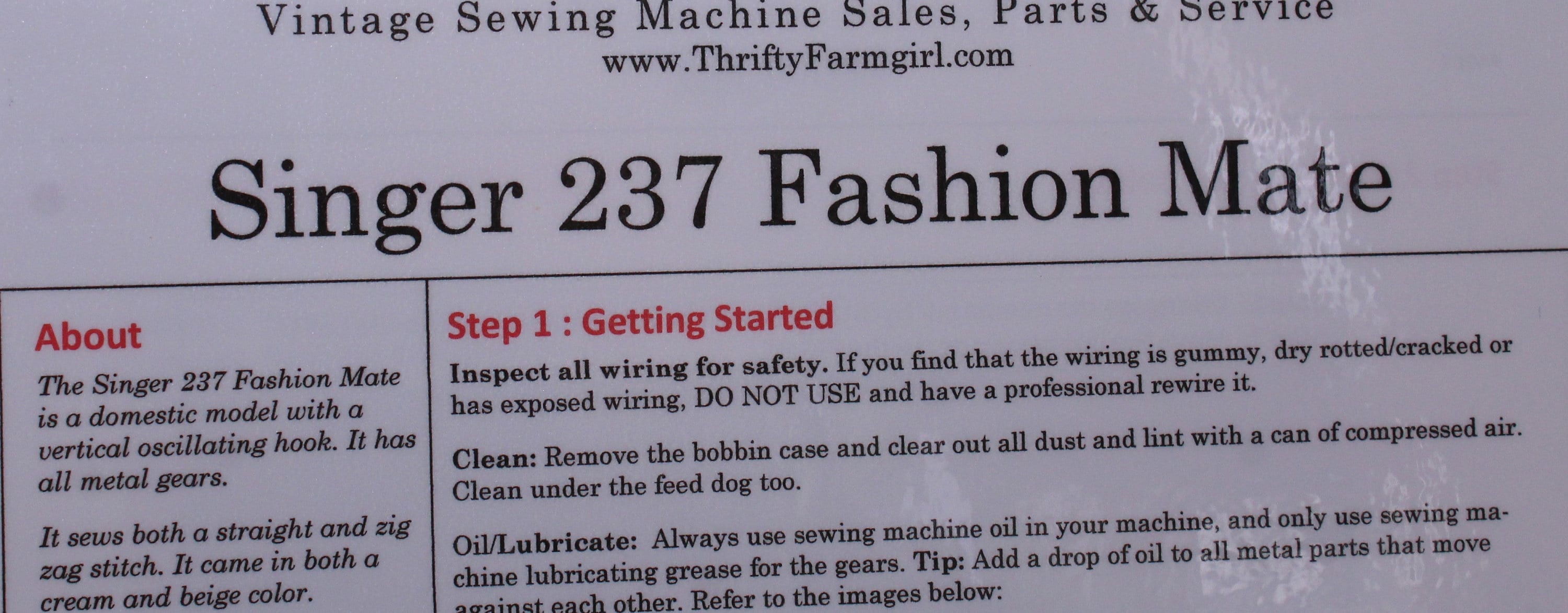 Singer 237 Sewing Machine Printable Cheat Sheet/reference Sheet ...