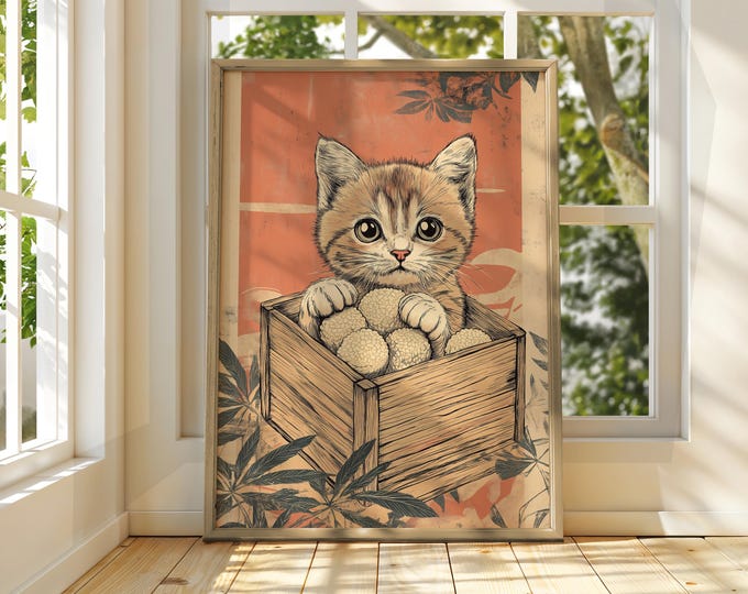 Bowl of Rice Cat Art, Tokyo Black Cat Rice Art Print, Japanese Food ...