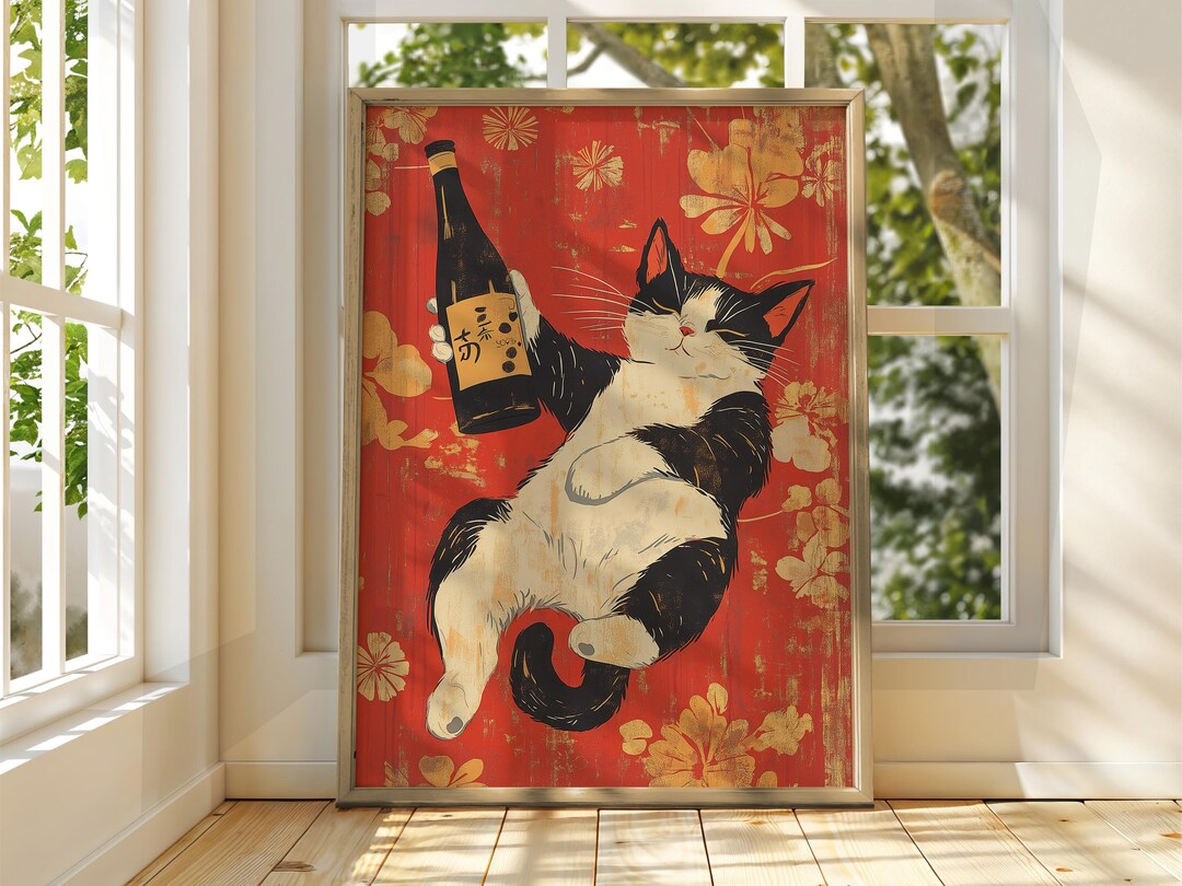 Cat With Soju Art - Vintage Japanese Wall Art - Cat Animal Poster ...
