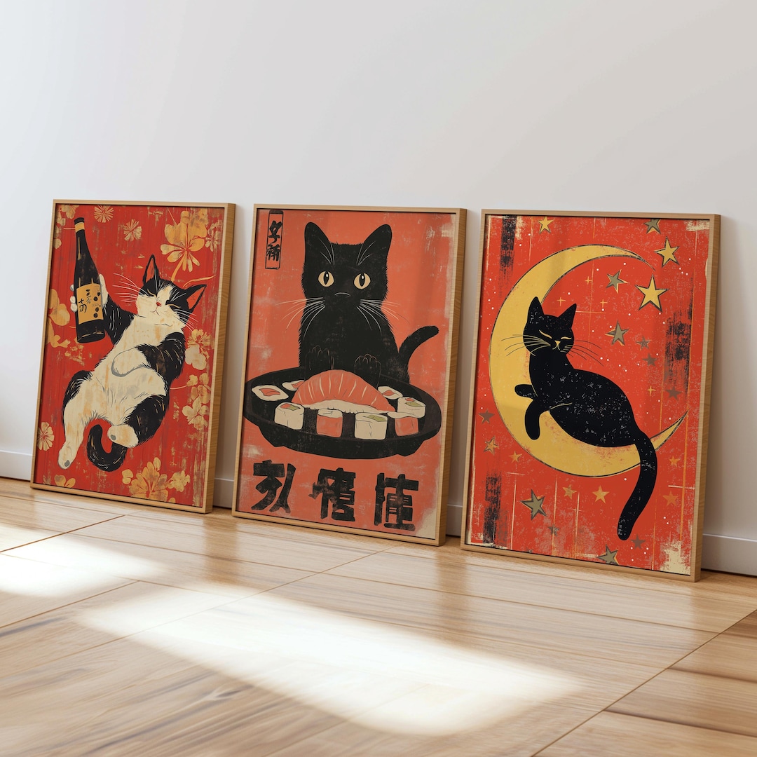 Japanese Cat Art Prints - Set of 3 Retro Posters - Etsy