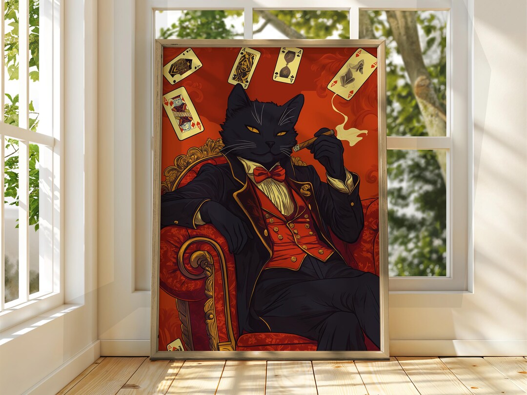 Gambling Cat Poster Cat Wall Art Cat Illustration Fun Wall Art Animal ...