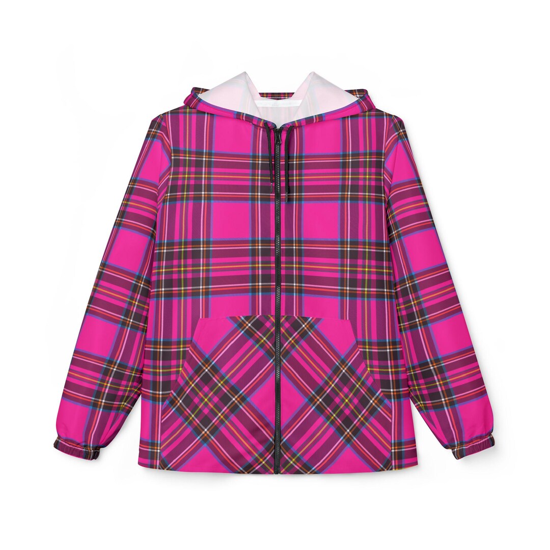 Tartan Hot Pink Windbreaker Jacket, Lightweight Outerwear, Fashionable ...