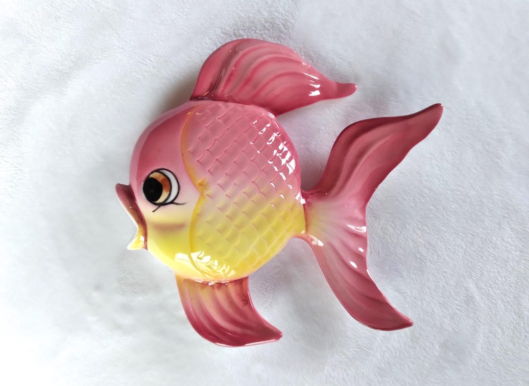 Vintage Norcrest Tropical Fish Wall Pocket Plaque With Sticker Pink and ...