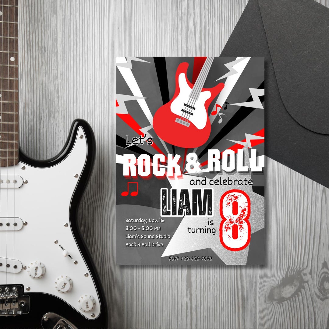 Rock and Roll Birthday Party Invitations (set of 10), Rockstar Party ...