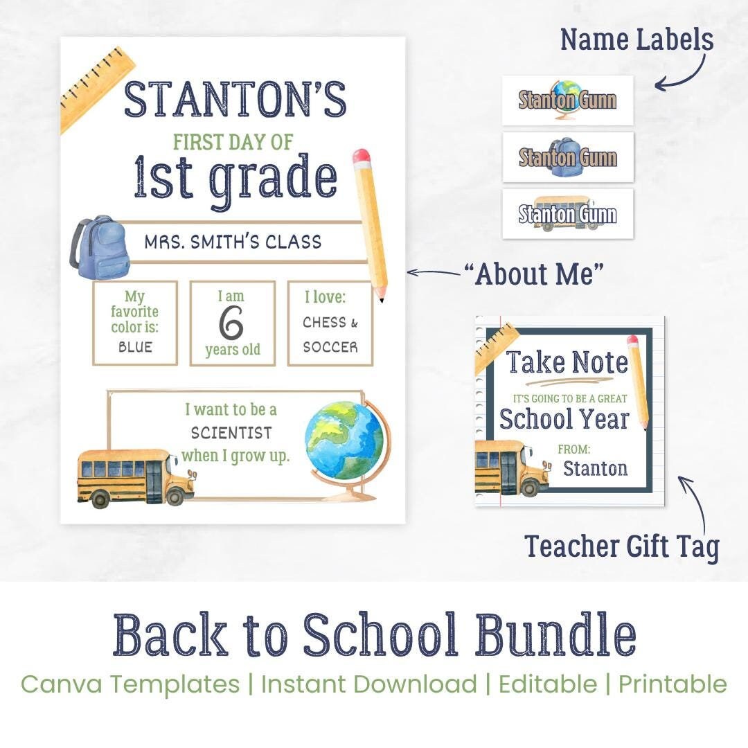 Boys' Back to School Printable Template Bundle: Editable First Day of ...