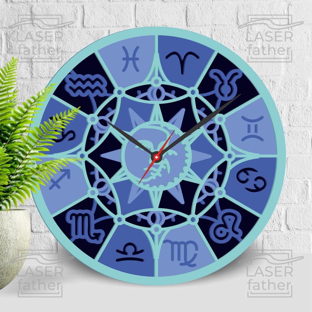 Zodiac Clock SVG: 3D Layered Horoscope Art, Laser Cut Files (digital ...