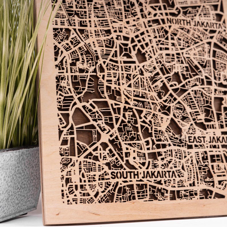 Jakarta, Indonesia Map, 3D Laser Cut, City Digital Art, Plywood ...