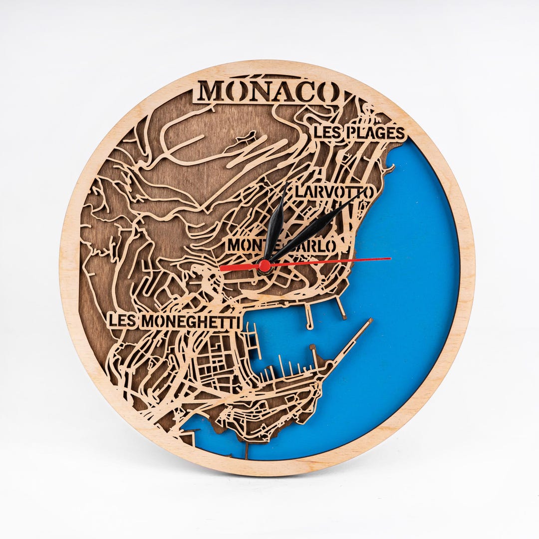 Monaco, Wooden Map SVG, Monte Carlo Art, Clock Vector, 3D Layered Laser ...