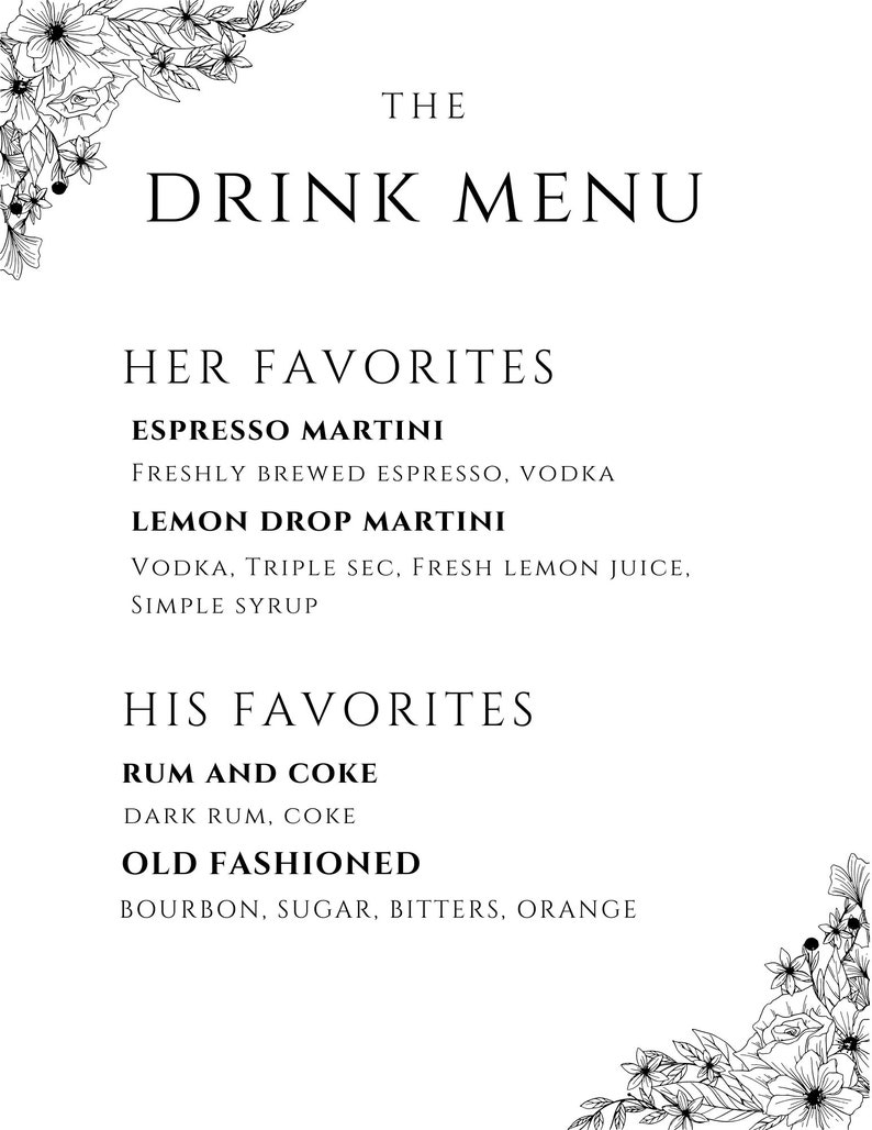 Editable Modern Wedding Drink Menu, Signature Drink Sign, Bar Menu ...